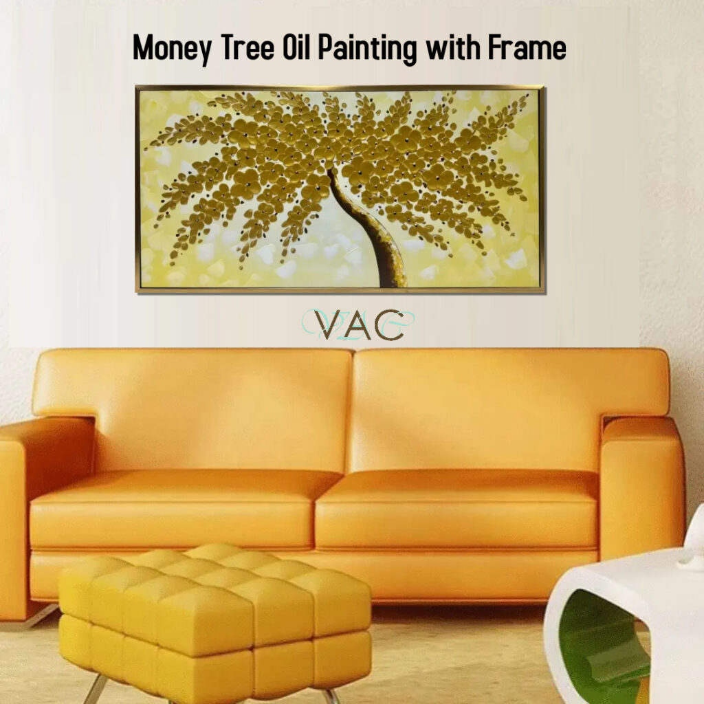 (Yellow Background) Money Tree Oil Painting with Frame - Vintage Artistic